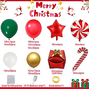AobkDeco 151PCS Christmas Arch Kit with Red, White, Golden, Dark Green Balloons, Candy Foil, Candy Cane, Gift Box, Star Balloons for Christmas Party Decorations