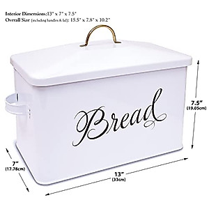 Better Kitchen Products Classic Metal Bread Box with Side Handles, Large Capacity (2 Bread Loaves), Farmhouse Bread Bin for Kitchen Countertop, Steel Bread Storage Container with Lid, White