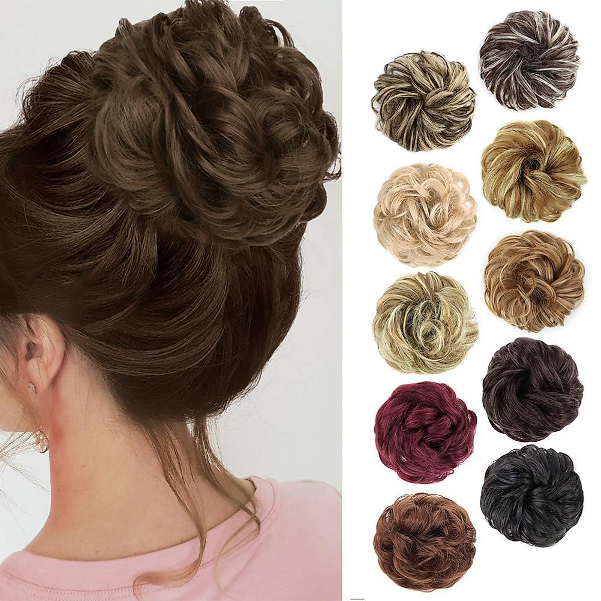 MORICA 1PCS Messy Hair Bun Hair Scrunchies Extension Curly Wavy Messy Bun Hair Synthetic Chignon Hairpieces for Women(1-8#(Medium chestnut Brown))