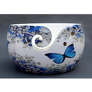 Handmade Wooden Yarn Bowl Crocheting Bowl Round Knitting Wool Storage Yarn Bowl Handmade with Holes with Crochet Hooks for Crocheting Knitting DIY Crafts Tools (Butterfly)