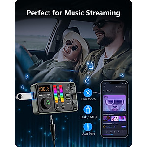 LENCENT Bluetooth 5.3 Car FM Transmitter, Hi-Fi Treble & Bass Music Player, PD20W QC18W Fast Car Charger, Radio Bluetooth Car Adapter with Dual Mics for Hands-Free Call, Siri&Google, U Disk/3.5mm AUX