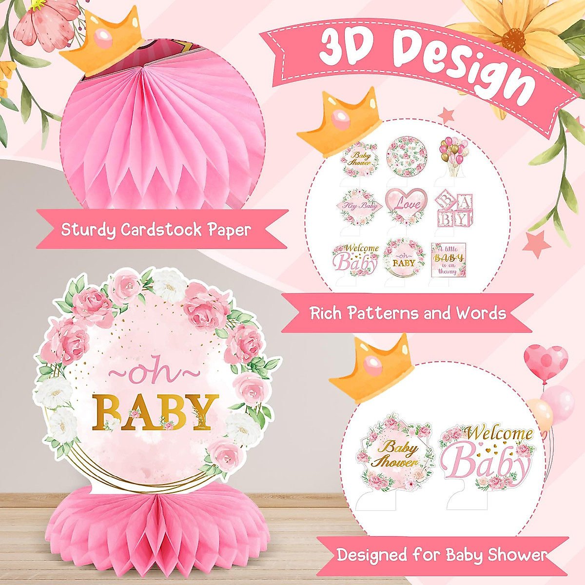Weecent 9 Pcs Pink Rose Gold Baby Shower Honeycomb Centerpieces Floral Baby Shower Party Table Centerpieces Oh Baby Party Decorations Baby Girl Boy Birthday Party Table Topper Party Supplies