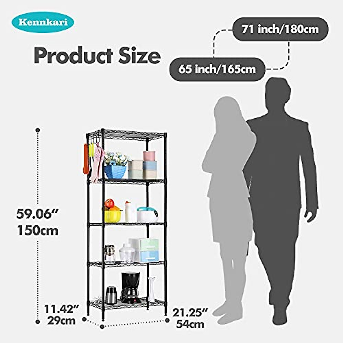 Kennkari 5 Tier Adjustable Metal Shelf Organizer Rack for Pantry/Laundry/Bathroom/Kitchen/Dorm, 3 Tier Small Interlocking Wire Storage Shelves, Free Standing Shelving Unit