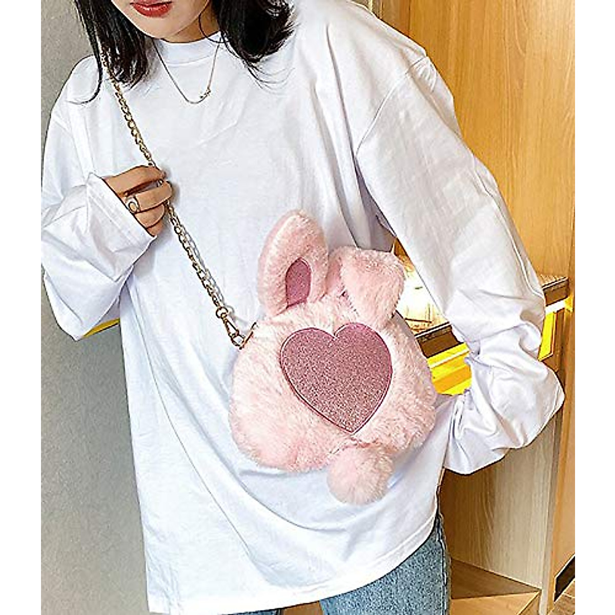 QZUnique Rabbit Shape Handbag Women's Lovely Plush Toy Crossbody Bag Rope Strap Shoulder Bag