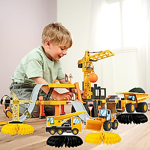 10Pcs Construction Honeycomb Centerpieces 3rd Birthday Party Decor for Boys,Dump Truck Car Cone Construction Zone Theme 3 Year Old Birthday Table Centerpieces Baby Shower Party Supplies Decorations