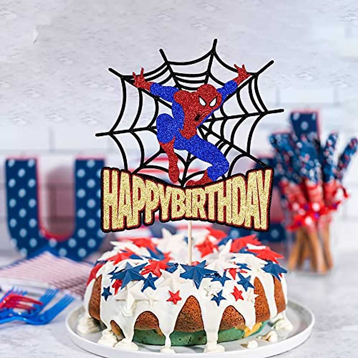 Spider Happy Birthday Cake Topper - Super hero Theme Cartoon Movie Cake Decoration for Kids Party Supplies