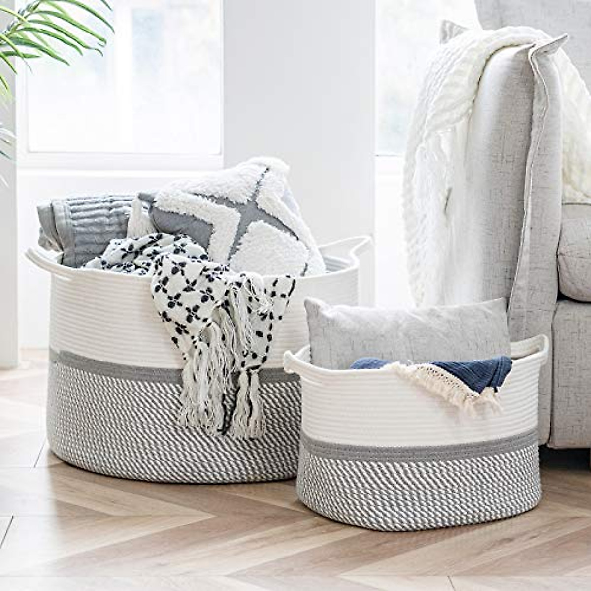 CHICVITA XXL Extra Large Cotton Rope Woven Basket, Throw Blanket Storage Basket with Handles, Decorative Clothes Hamper - 22" x 22" x 14"