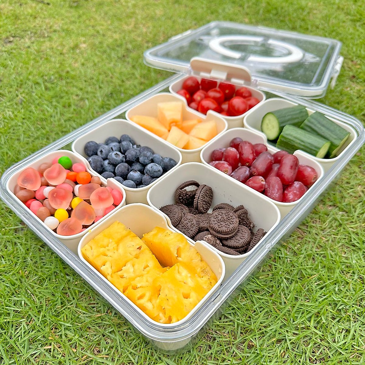 CHOUKEY Divided Snack Box with Lid and Handle, Snackle Box Container Storage Organizer for Fruit, Candy, Veggie, Nuts & Snacks