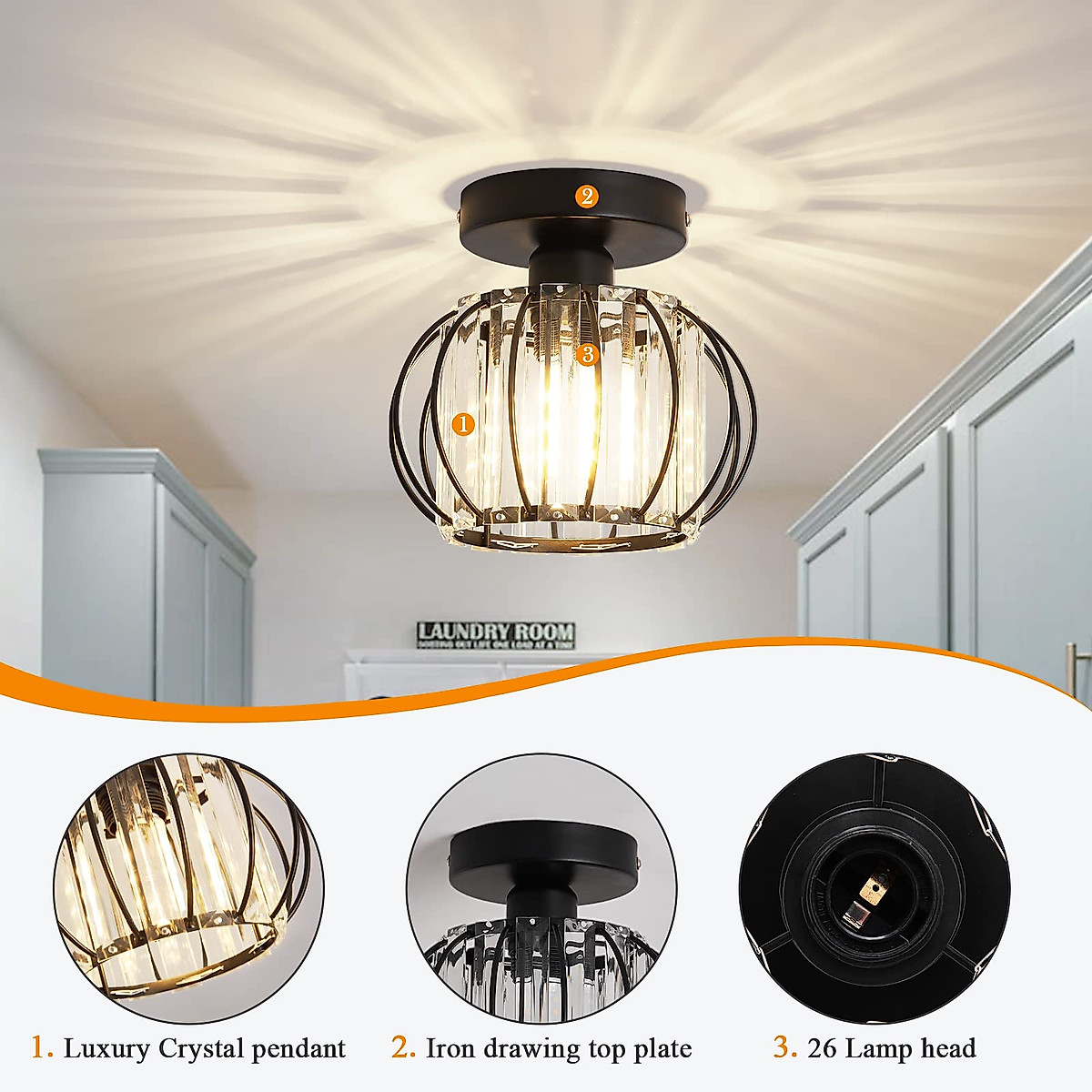 YYJLX 2 Pack Semi Flush Mount Ceiling Light Fixture Modern Small Crystal Chandelier Mini Indoor Ceiling Lamp for Bathroom Hallway Foyer Porch Hall Closet（Black）