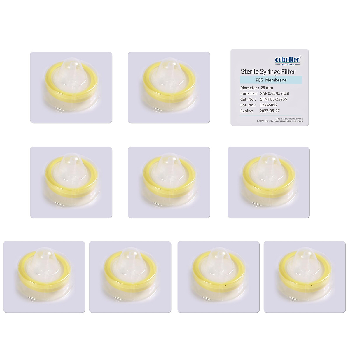 COBETTER 10 pcs/pk Sterile Syringe Filter Double-Layer PES Hydrophilic Membrane 0.2μm Lab Filters 25mm Diameter Individually Packed, Yellow