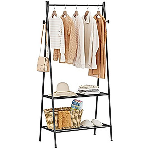 FANHAO Clothing Rack for Hanging Clothes, Sturdy Stainless Steel Clothes Rack with 2-Tier Shelf and 4 Hooks, Freestanding Garment Rack, Easy to Assemble Hanger Rack, Matte Black