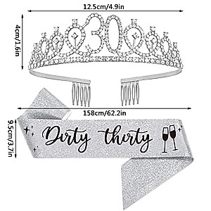 30th Birthday Sash and Tiara for Women, 30 "Dirty Thirty" Birthday Sash and Crown, Happy 30th Birthday Gifts for Women Queen Party Favors Supplies and Decorations, Silver