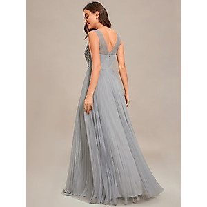 Ever-Pretty Women's Flowy Appliques V Neck A Line Sleeveless Tulle Pleated Evening Gowns Gray US8