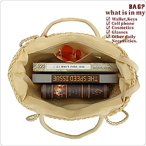 So'each Women's Handbag Color Matching Bow Wicker Woven Rattan Straw Tote Shoulder Bag Beige