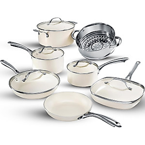 Gotham Steel 12 Pc Ceramic Pots and Pans Set Non Stick, Kitchen Cookware Sets, Pot and Pan Set, Ceramic Cookware Set, Non Toxic Cookware Set, Non Stick Pots and Pan Set, Dishwasher Safe - Cream White