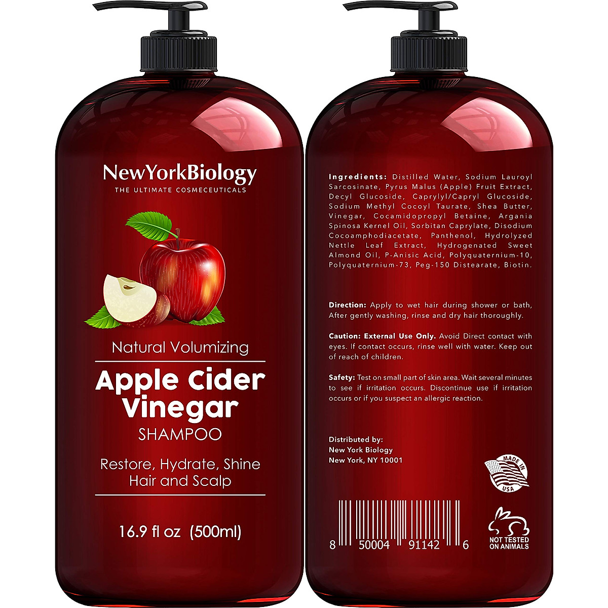 New York Biology Apple Cider Vinegar Shampoo and Coconut Avocado Oil Conditioner Set - Helps Restore Shine, Hair Gloss and Hydration for Dry Hair & Itchy Scalp - Clarifying & Nourishing - 16.9 Fl Oz