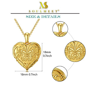 SOULMEET 18k Gold Plated Silver Butterfly Heart Locket Necklace That Holds 2 Picture,20" (Locket only)