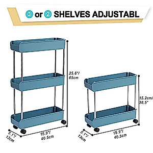 Slim Storage Cart, 3 Tier Mobile Shelving Unit Organizer, Slide Out Rolling Utility Cart Shelf Rack for Kitchen Bathroom Laundry Room Narrow Places, Plastic & Stainless Steel, Navy Blue