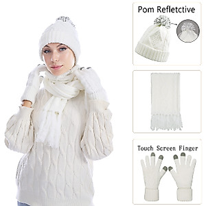 Scarf Hat Gloves Set Women Warm Knit Winter Gift Pom Beanie Touch Screen 3 Pcs (Cream white)