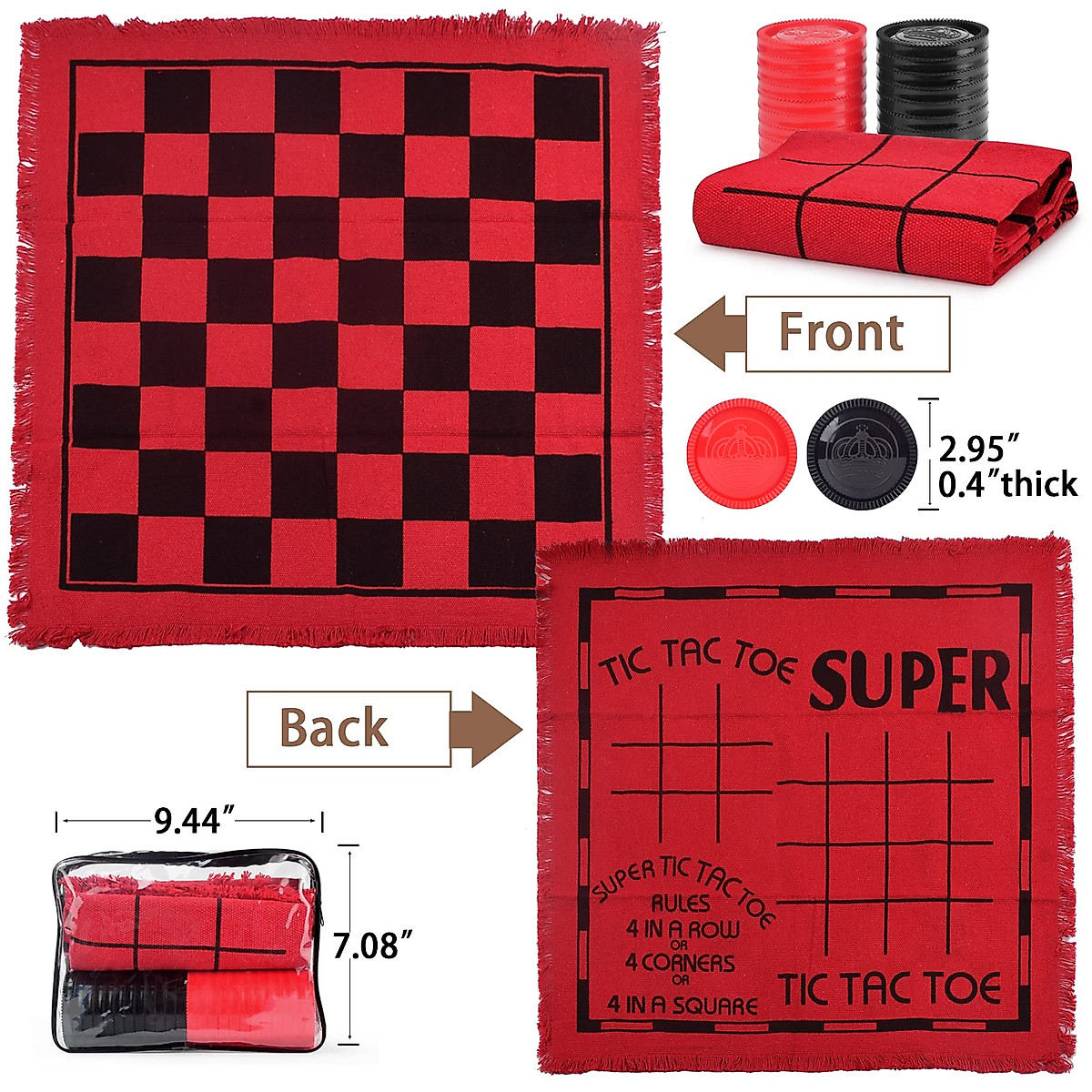 Giant Checkers Board Games, 3 in 1 Tic Tac Toe Board Game with 24 Checker Pieces Reversible Rug - Indoor and Outdoor Games for Family & Party -Gift Ideas for Teen Boys, Kids, Adults