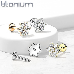 Dynamique Implant Grade Titanium Internally Threaded Labret, Flat Back Studs With 6 CZ Set Flower Top (Sold Per Piece)