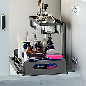 Miskall Under Sink Organizer L Shape 2 Tier Slide Out Sink Shelf for Under Kitchen Bathroom Sink Organizers and Storage Cabinet Organizer Black