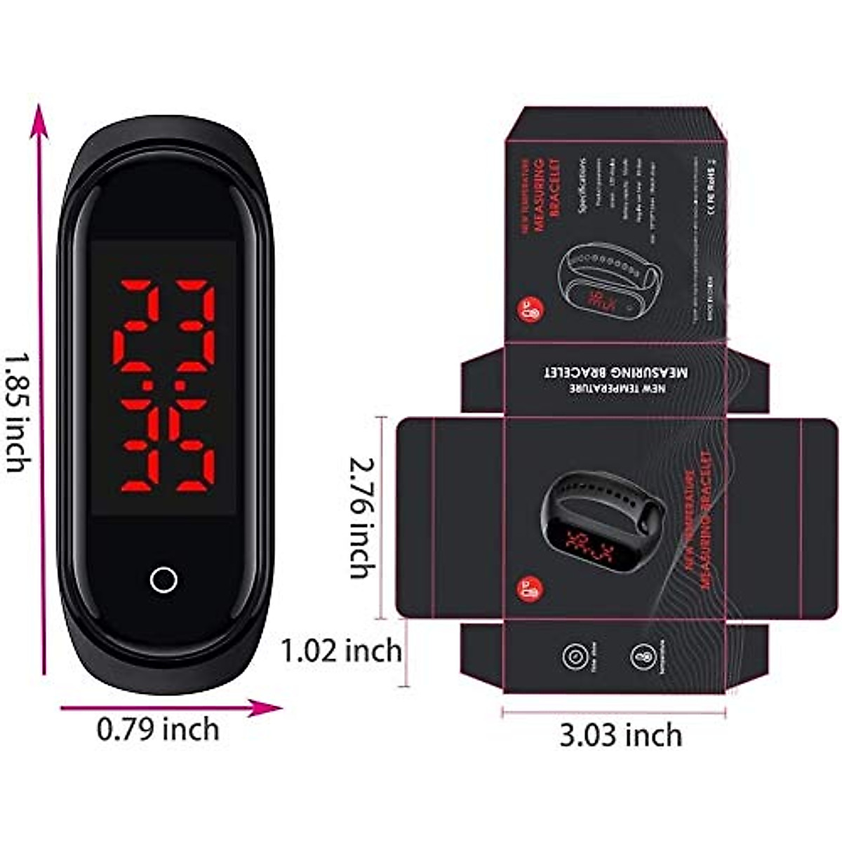 TRACER Bracelet Smart Wristband Watch Body Temperature Measuring Real-time Display Smartwatches,Waterproof - Black