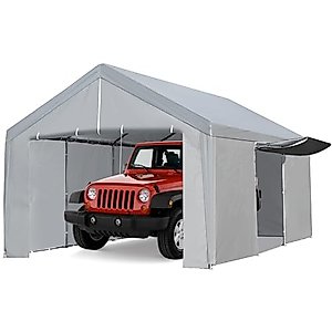 ACONEE Carport 10×20 FT Heavy Duty Car Canopy Storage Shed, Portable Garage Party Tent with Removable Sidewalls & Doors, Reinforced Triangular Beam, All Metal Frame, Garage Shelter Waterproof, Grey