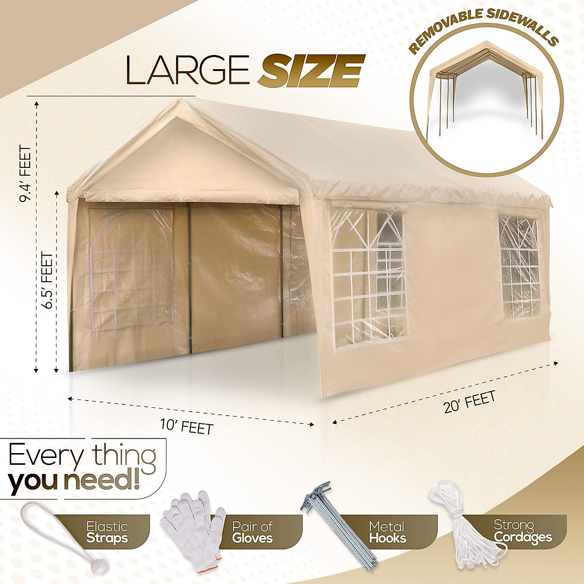 CARMOR Portable Carport Canopy 10x20 | Heavy Duty Portable Garage | Car Tent with Sidewalls and Windows | Car Canopy Tent 10x20 with Rolling Curtain and Doors | Car Port for Boat Storage & Party