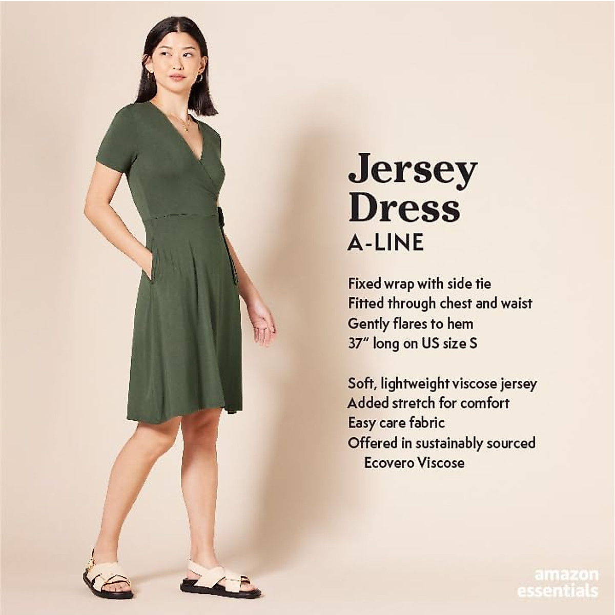 Amazon Essentials Women's Short Sleeve Faux-Wrap Dress, Olive Dots, Large