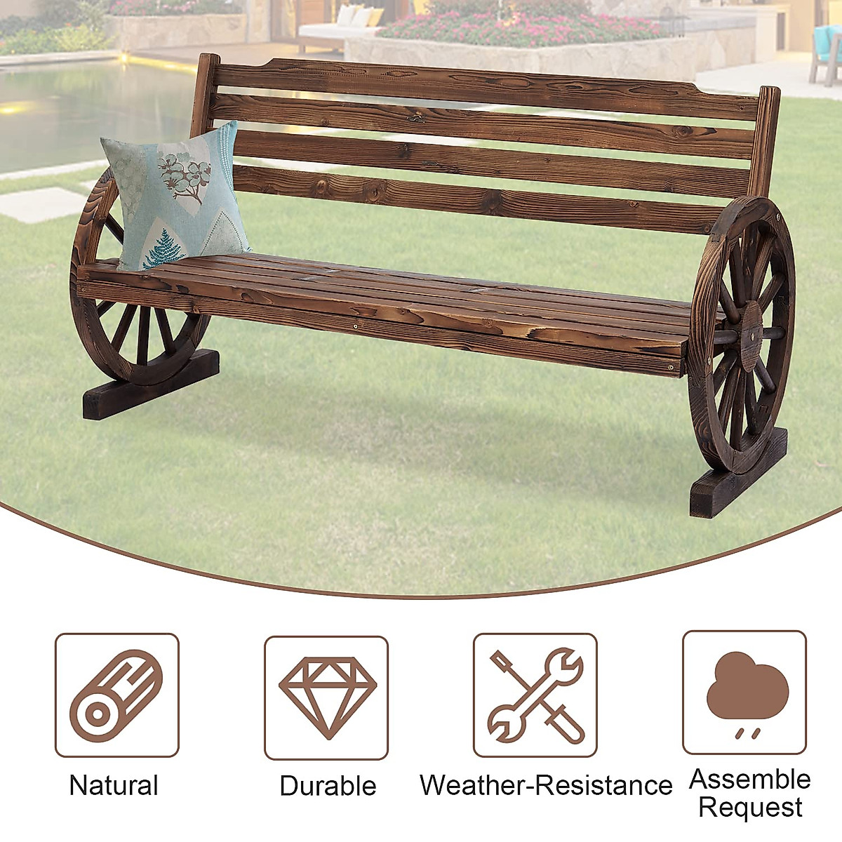 KINBOR BABY Outdoor Bench Wooden Garden Seat - 55” Patio Rustic 2-Person Wagon Wheel Furniture (Style 1)