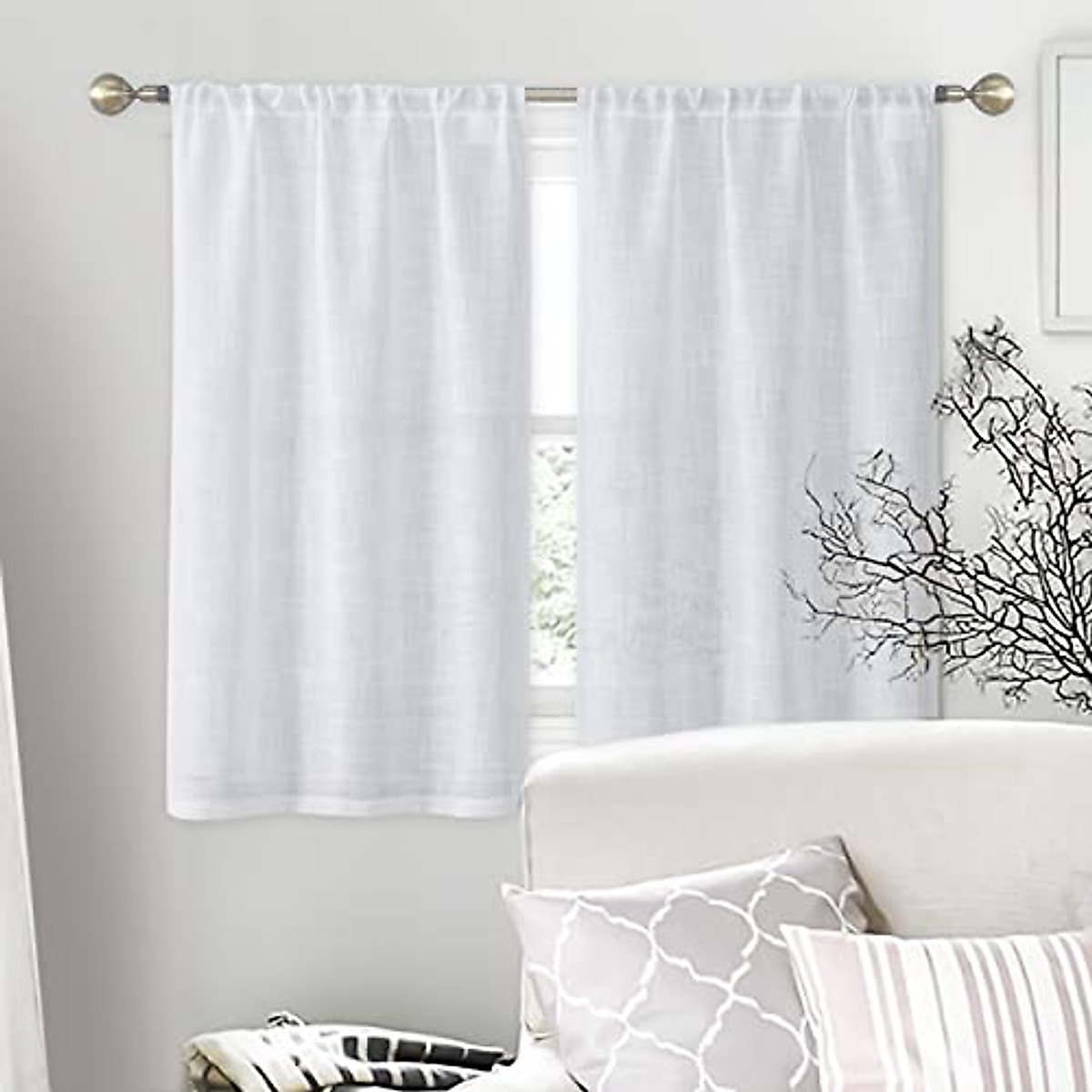 Home Queen White Sheer Burlap Linen Cafe Curtains, Semi Sheer Drapes for Kitchen Window Over Sink, 45 Inch Length 2 Pack
