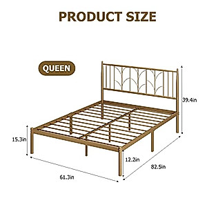 Senfot Bed Frame, Gold Metal Queen Size Platform Bed Frame with Headboard, Heavy Duty Metal Slat Support, Mattress Foundation, Noise Free Design, Easy Installation, Gold
