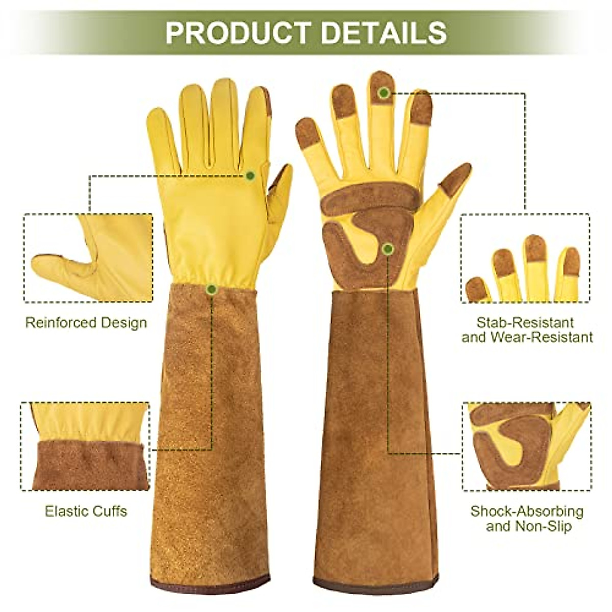 WOHEER Long Gardening Gloves for Women Thorn Proof,Rose Pruning Cowhide Leather Garden Gloves for Cactus, Rose and Blackberry, Medium (1 Pair)
