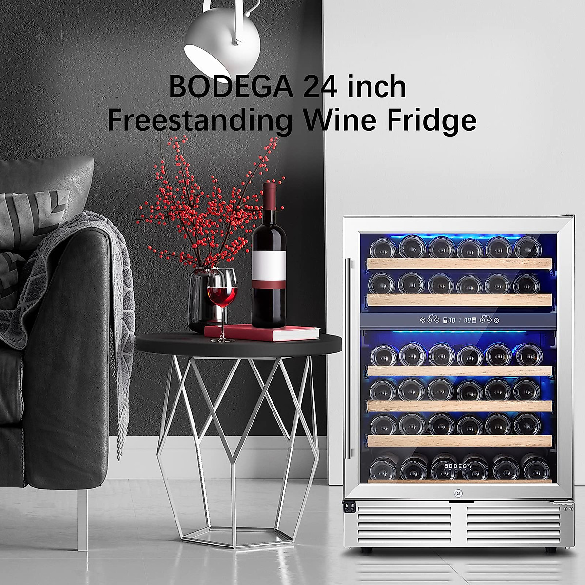 BODEGA Upgraded 24 Inch Wine Cooler Refrigerator 46 Bottle Dual Zone Wine Fridge with Double-Layer Tempered Glass Door and Temperature Memory Function,Built-in or Freestanding