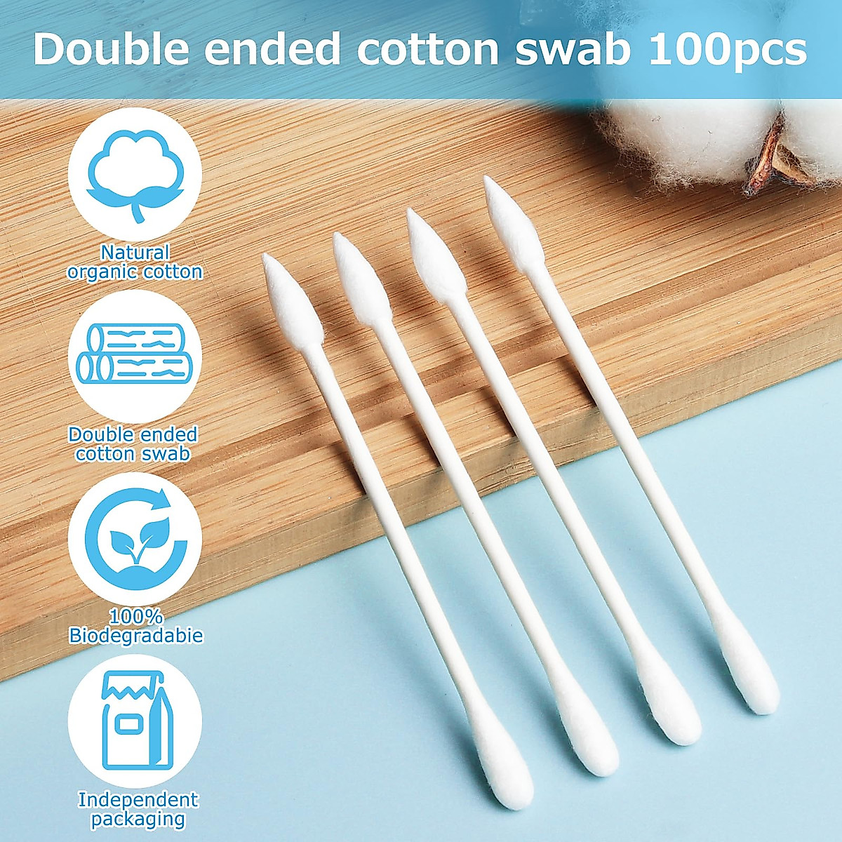 Lsed, Cleaning swabs for Commercial uses, 100 Count Natural Cotton Buds, Individually Wrapped Double Tipped Cotton Tips for Ear, Beauty Care, Cleaning (Round & Pointed Shape Cotton Heads)