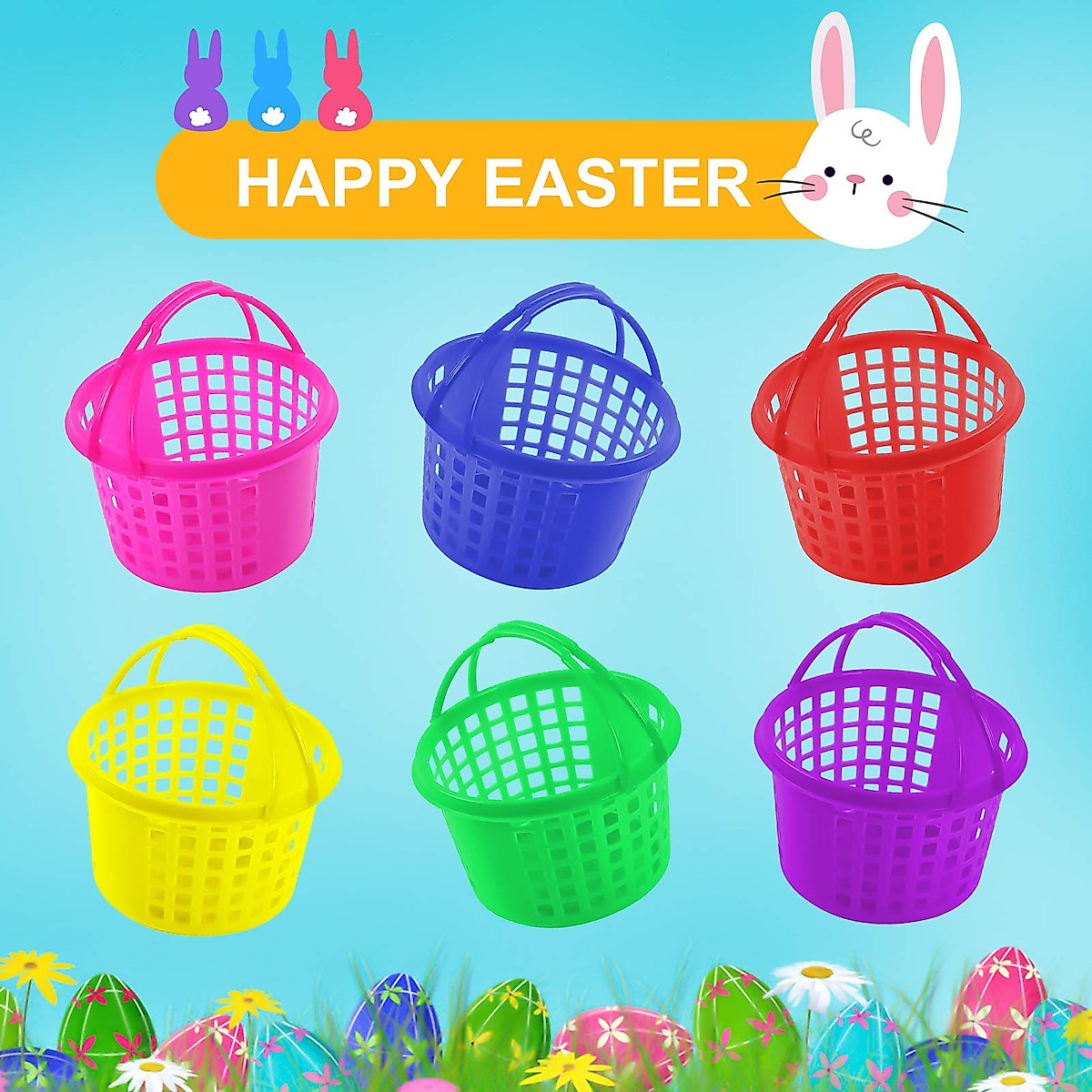 Evoio Easter Baskets, 24 Pack Plastic Easter Baskets Bulk for Egg Hunts Set, Easter Bucket Bags with 120g Easter Grass for Toddler Classroom Collecting Easter Eggs Party Favor