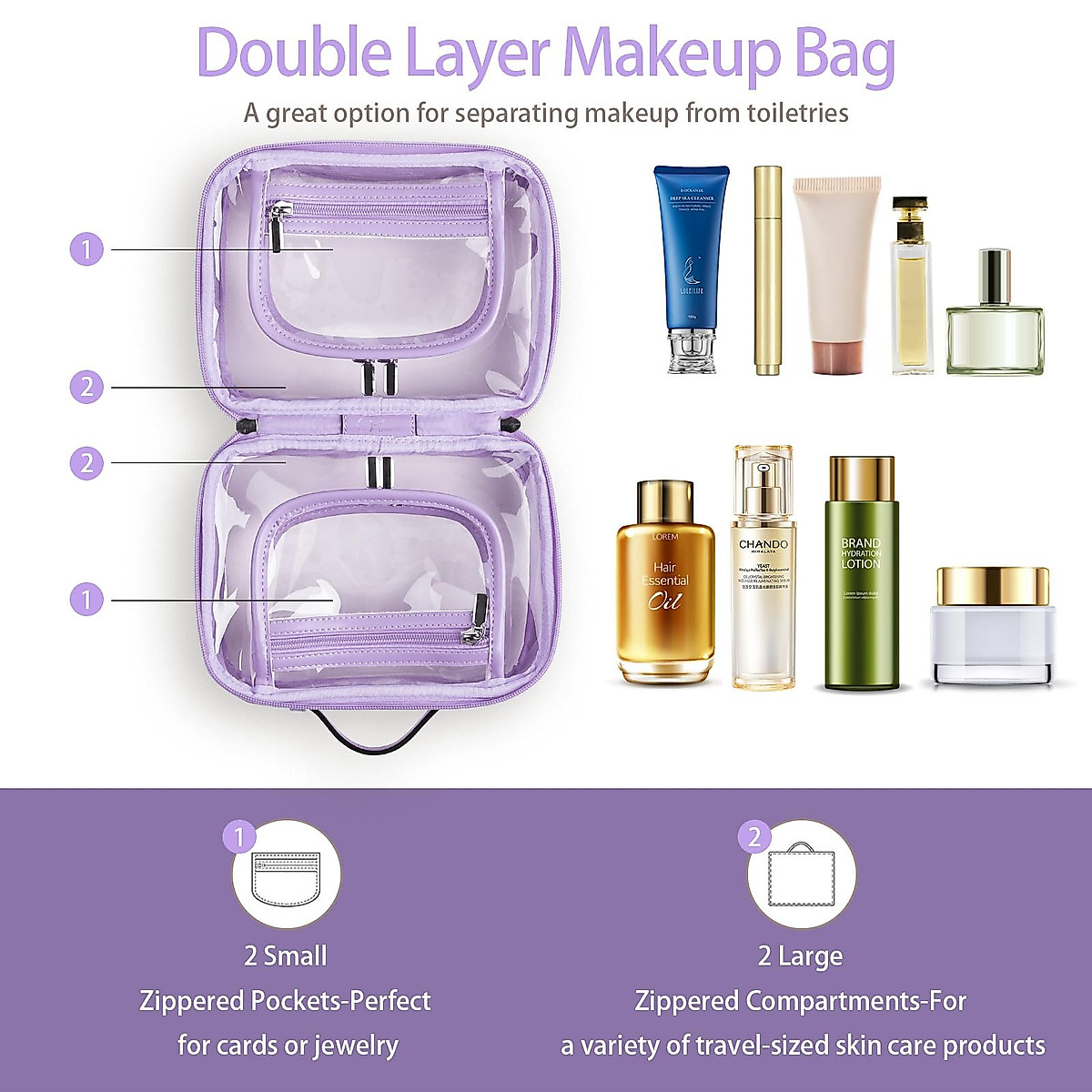 Lychii TSA Approved Toiletry Bag, Clear Travel Bag for Liquids Toiletries, Makeup Cosmetic Bag Organizer, Carry on Travel Accessories Essentials, Purple