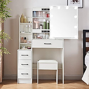 Vanity Set Dressing Table with Lighted Mirror, Modern Storage Makeup Table with 5 Drawers and Stool,White (H1903)