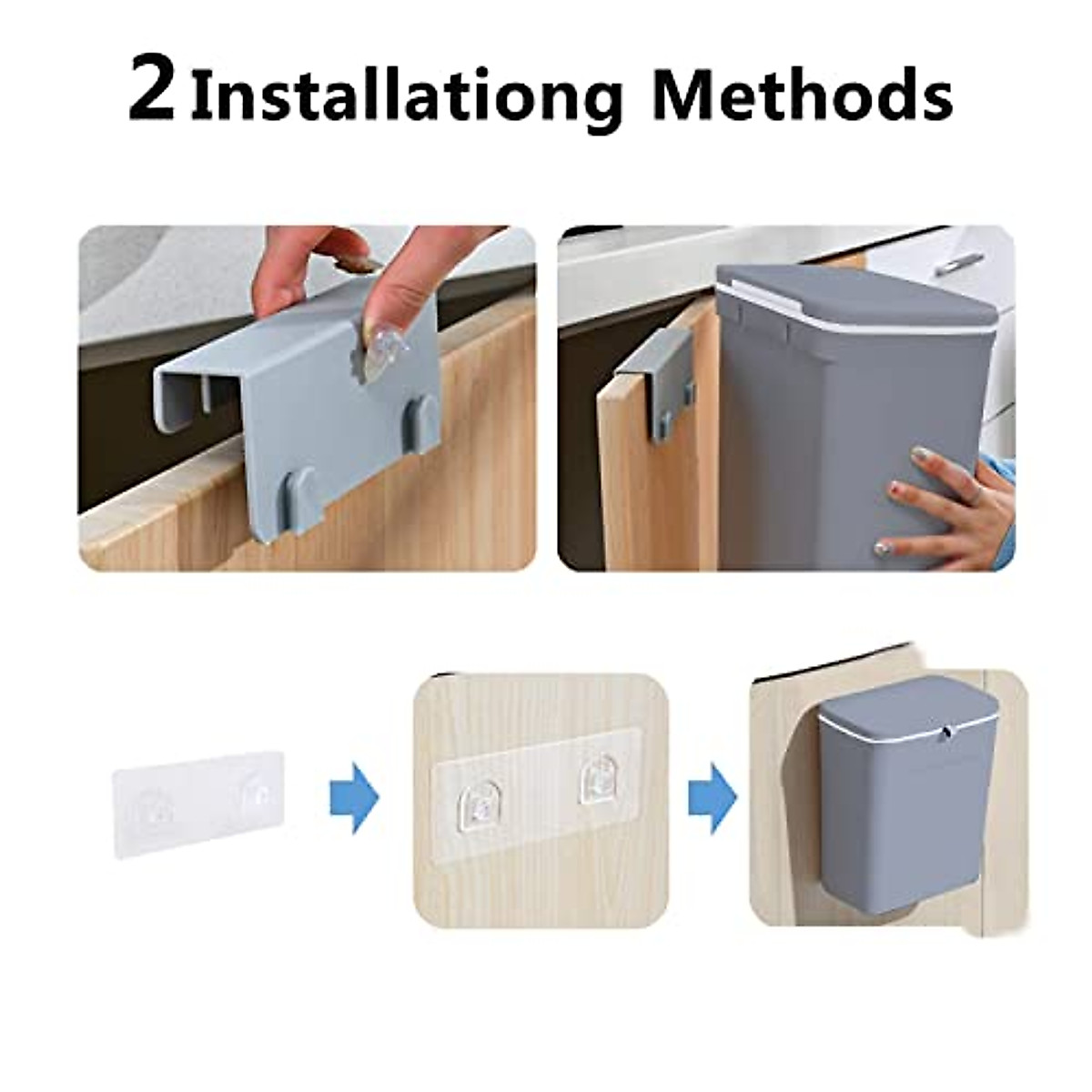 TOPROAD Kitchen Hanging Trash Can, 2.4 Gallon Wall Mounted Counter Waste Compost Bin, Small Garbage Can with Lid for Cupboard/Bathroom/Bedroom/Office/Camping/Under Sink(Grey)