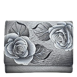 Anna by Anuschka Women's Hand-Painted Genuine Leather Ladies Three Fold Wallet - Romantic Rose Black