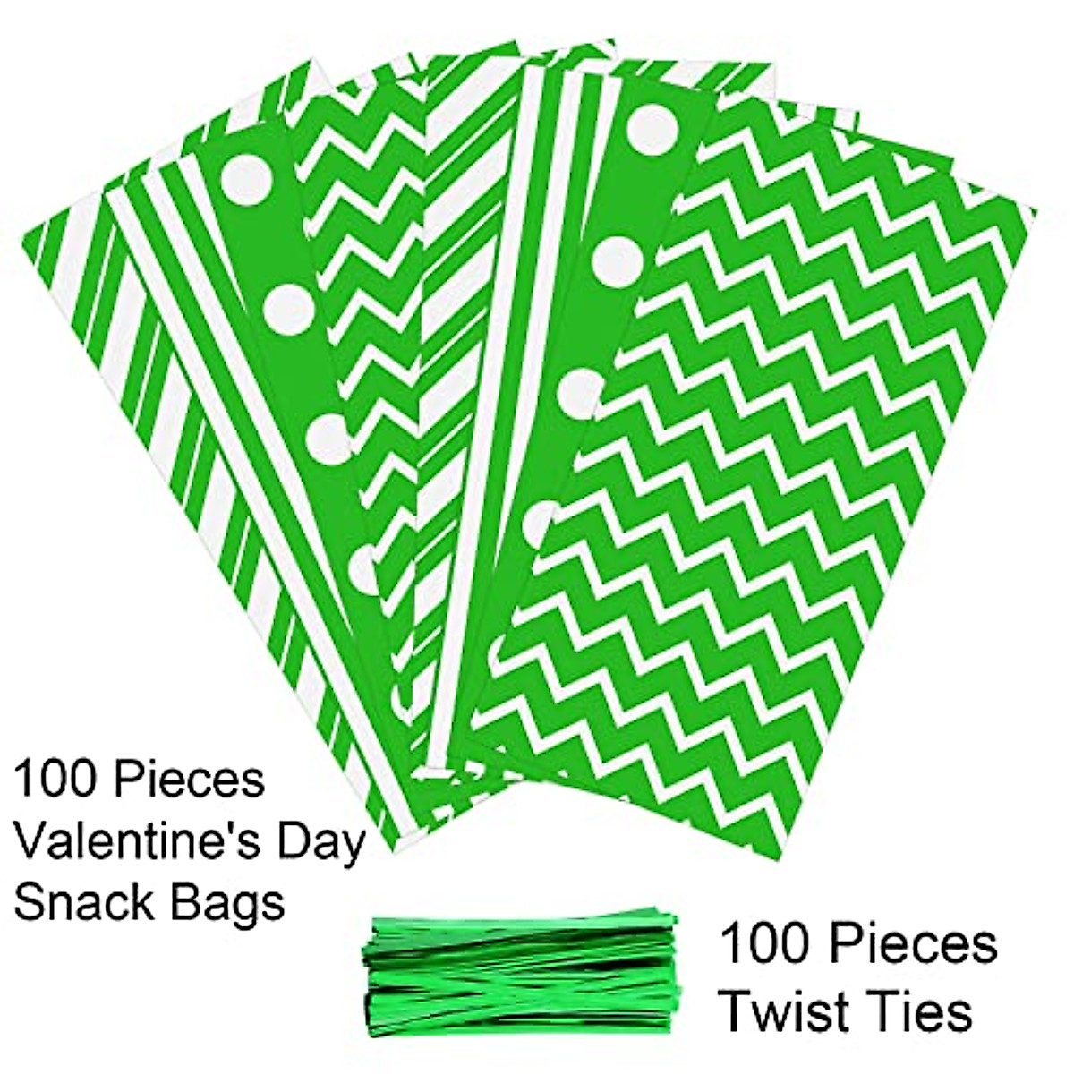 Aneco 100 Pack Green and White Cellophane Bags Plastic Candy Bags Gift Bags Goodie Bags with Twist Ties for Valentine, Birthday, Gift Cookie Snack Packing Party Favor Supplies