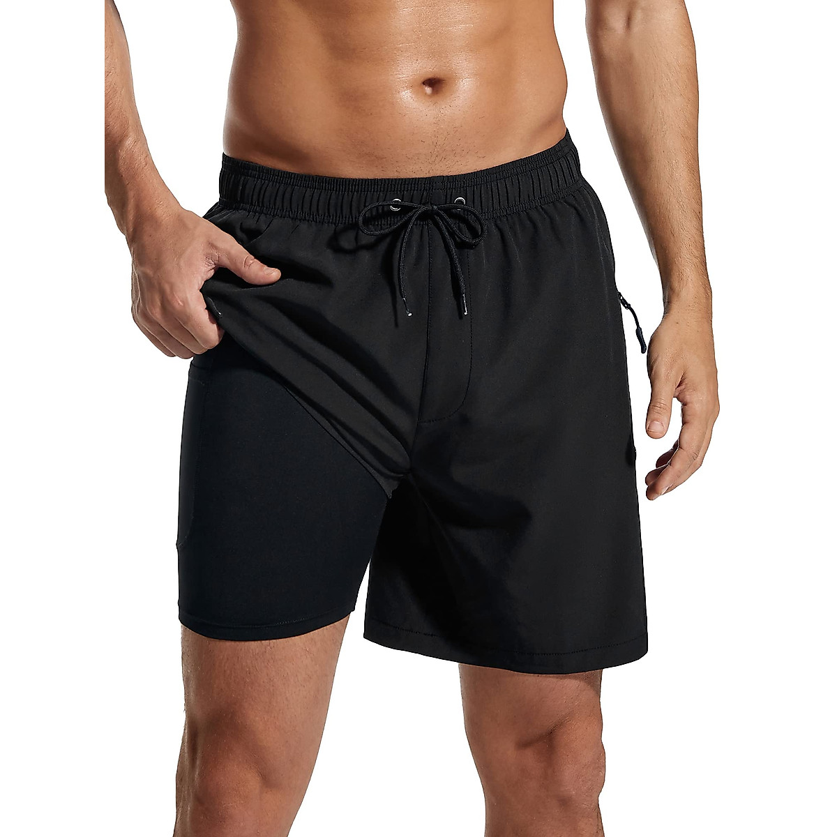 SILKWORLD 7 Inch Swim Trunks for Men Swimsuit with Compression Liner Bathing Suit Quick Dry Swim Shorts with Zipper Side Pockets,Black,Large