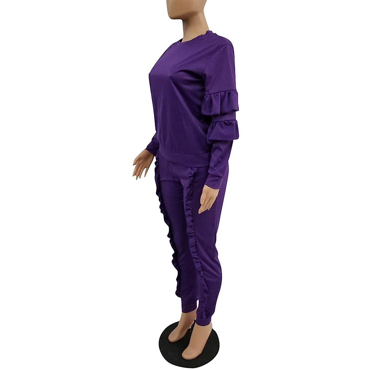 Akmipoem Casual Ruffle Two Piece Outfits Pullover Tops and Pants Jumpsuit Set for Ladies Purple XL