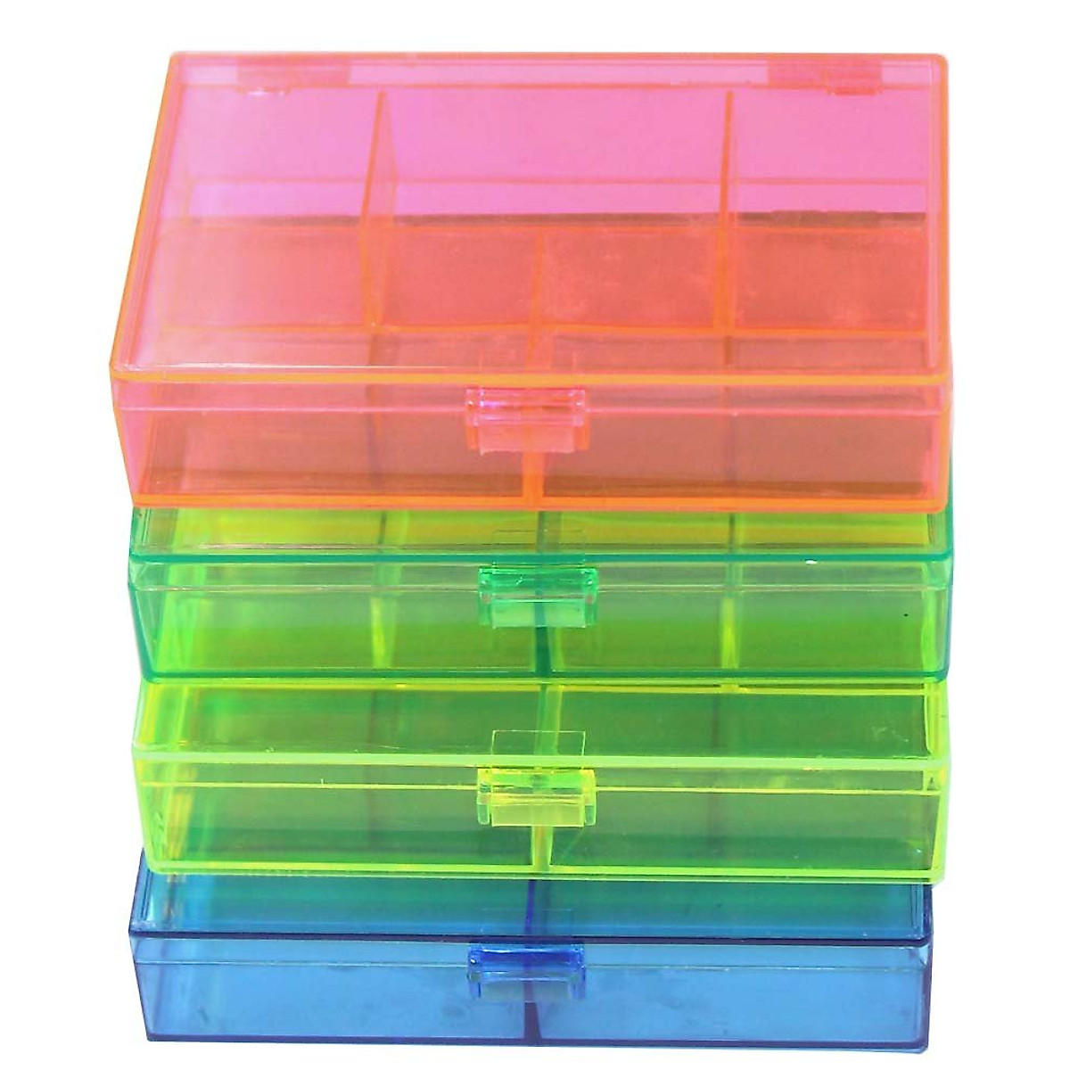 BIN BUDDY Set of 4 | Colored Transparent Plastic Boxes | 4.5" (11.4 cm) x 3" (7.6 cm) x 1" (2.5 cm) | Hinged Lids, 5 Internal Sections | For Crafts, Sewing