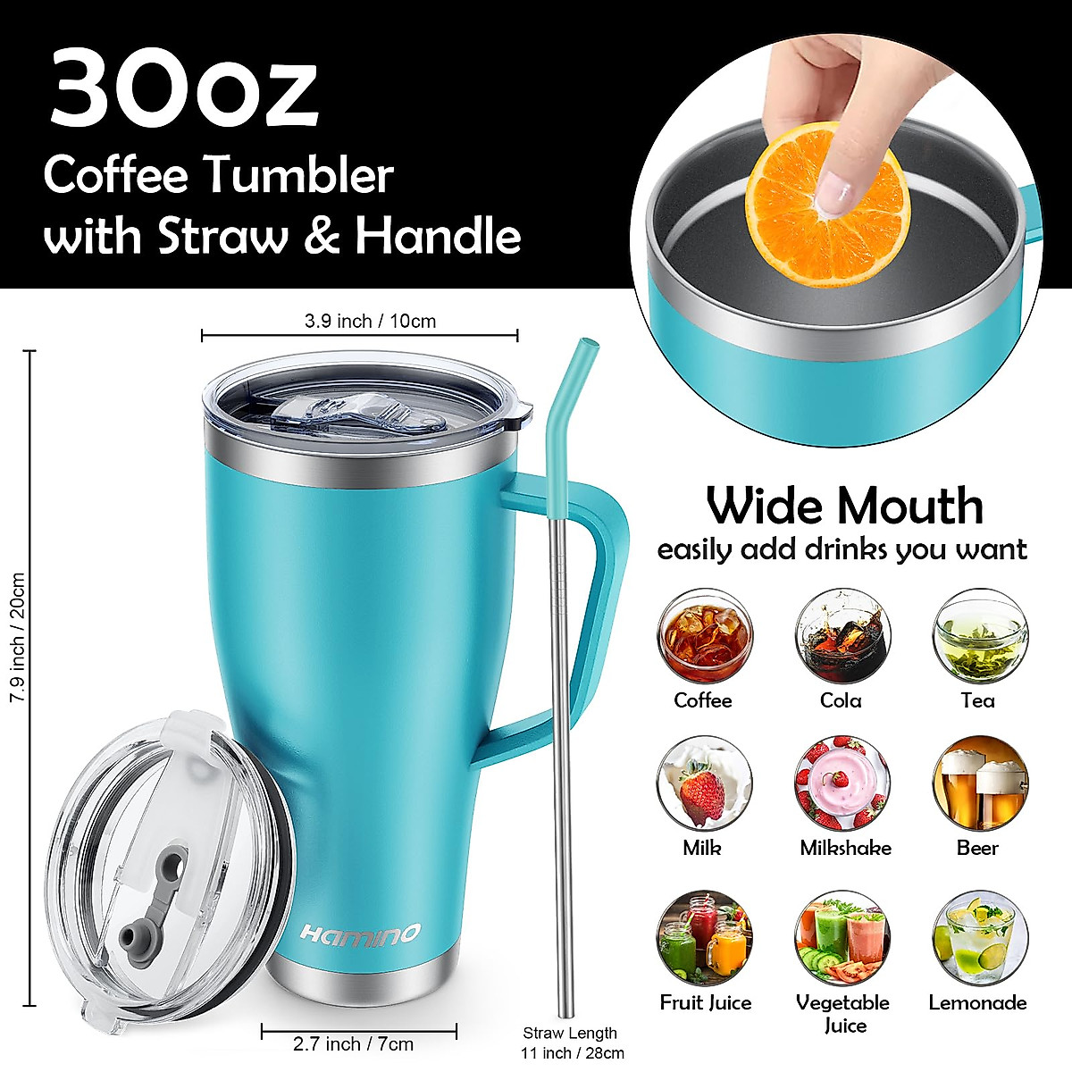 Hamino 30 oz Tumbler with Lid and Straw Handle, Double-Wall Vacuum Travel Coffee Mug with Handle, Stainless Steel Insulated Coffee Tumbler Mug Cup for Office Travel Car HOT COLD Drinks (Tiffany-Blue)
