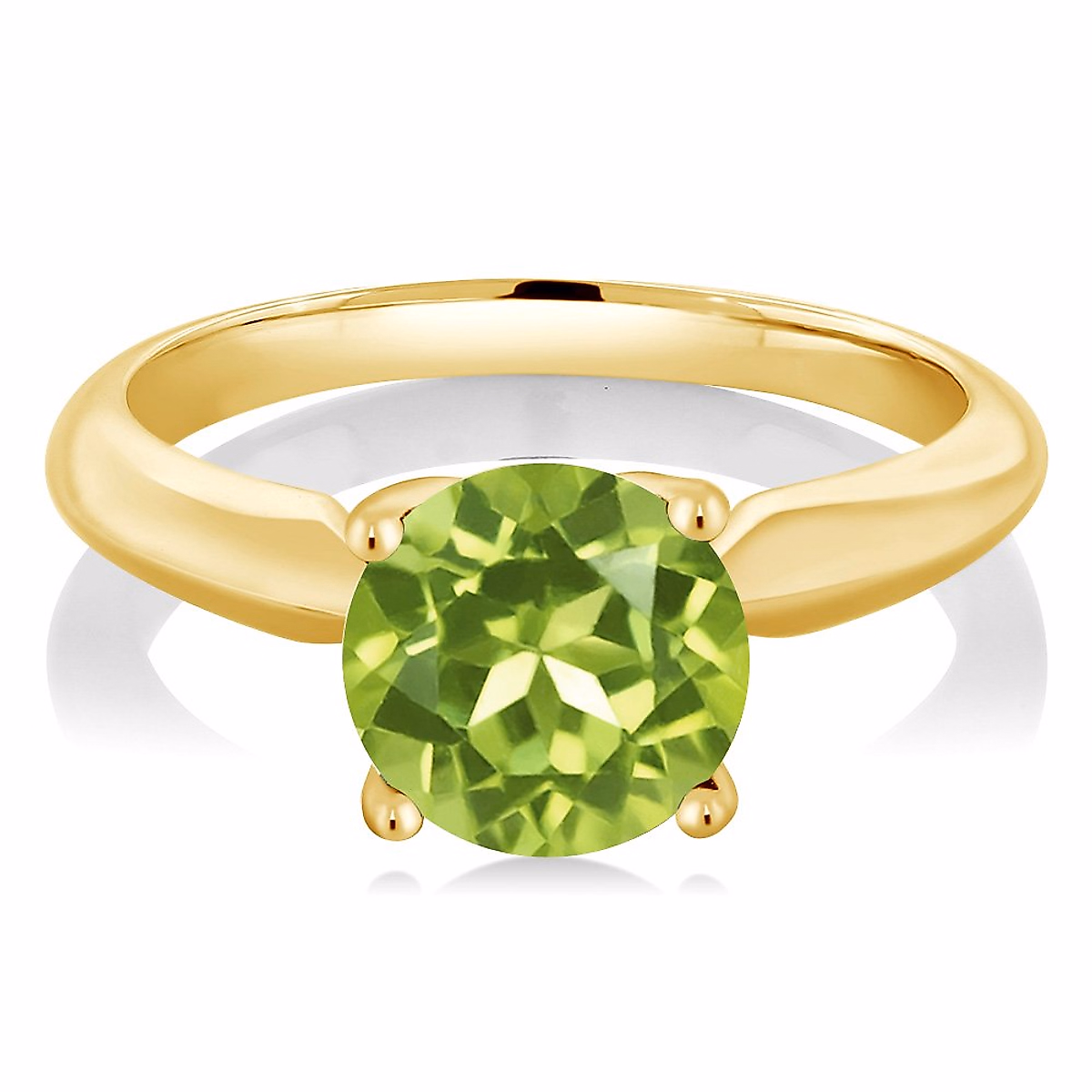 Gem Stone King 18K Yellow Gold Plated Silver Green Peridot Solitaire Engagement Ring For Women (2.00 Cttw, Round 8MM, Gemstone Birthstone, Available In Size 5, 6, 7, 8, 9)