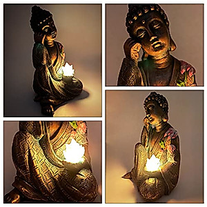 MIBUNG Zen Meditating Buddha Garden Statue Outdoor, Large Bronze Lotus Sitting Buddha Decor with Solar Lights Asian Art Ornament Sculpture, Patio Yard Lawn Home Decorations, Housewarming Gifts