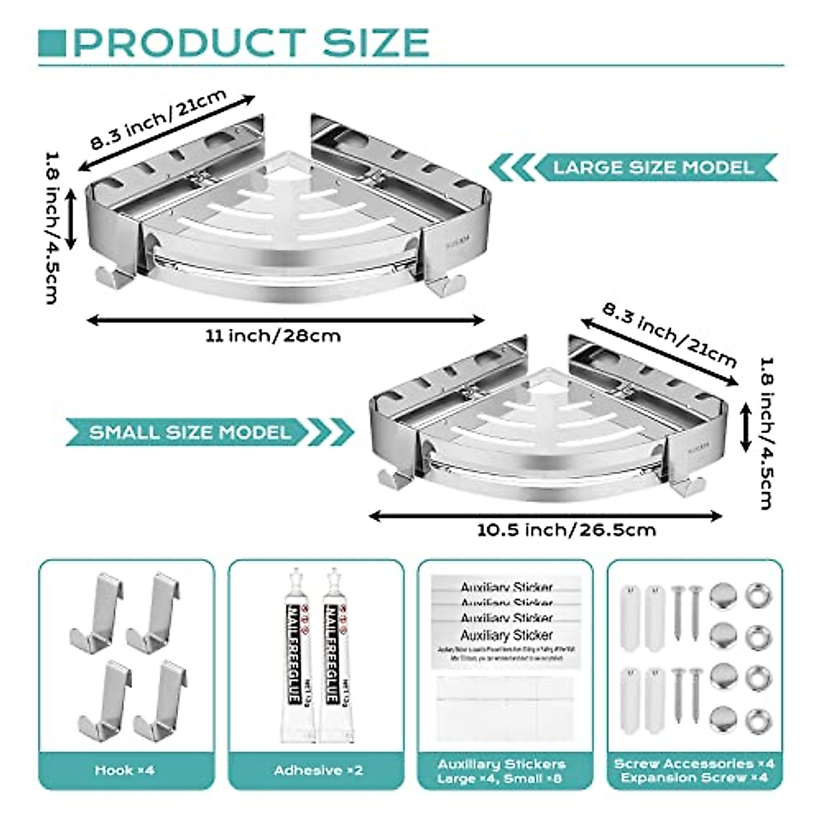 Misounda Shower Rack, Corner Shower Caddy with 4 Hooks - 2 Pack, No Drilling Wall Mounted Shower Caddy, Shower Organizer for Bathroom Storage - Small