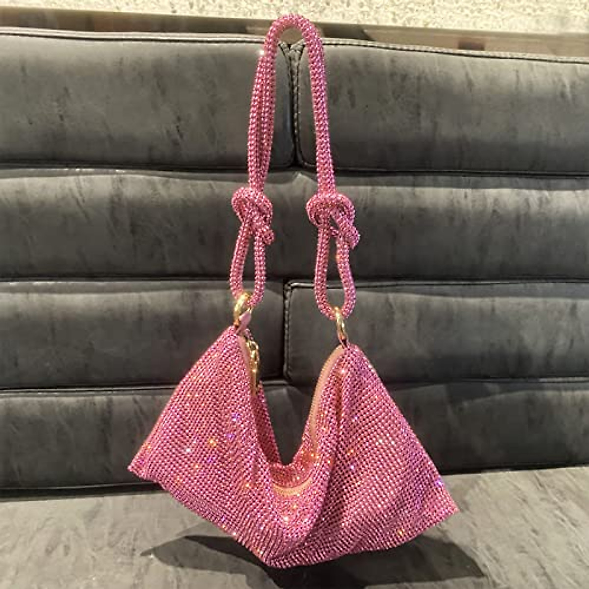 MSUIINT Rhinestone Purses for Women, Chic Sparkly Evening Handbag Bling Hobo Bag Shiny Silver Clutch for Party Wedding, Rose